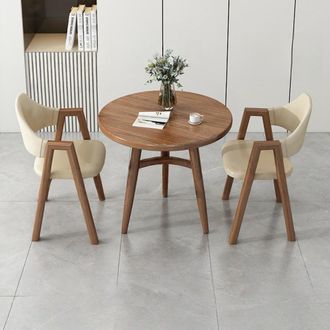 Generic Runder Empfangstisch Und 2 St&uuml;hle Im Set - Moderne Holzmaserung Mit PU-Ledersitzen for B&uuml;ro Oder Lounge(Khaki Chairs+Walnut-Colored Table)