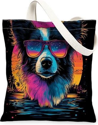 Generic Sac fourre-tout en toile motif chien Border Collie d&eacute;t&eacute; pour faire du shopping 33 x 38,1 cm, sac d&eacute;picerie r&eacute;utilisable pour femme, motif animal de co