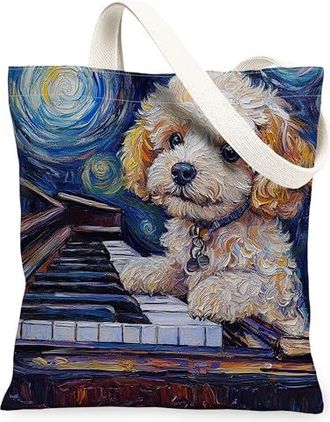 Generic Cavachon Sac fourre-tout en toile r&eacute;utilisable pour le shopping Motif piano &eacute;toil&eacute; nuit 33 x 38 cm