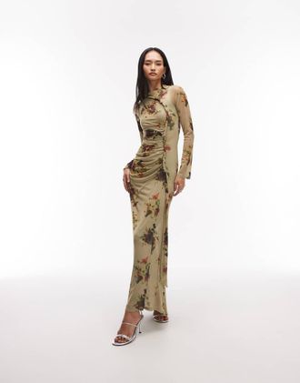 Asos Robe longue en tulle imprim&eacute; fleuri avec manches longues et d&eacute;tail torsad&eacute; - Vert-Multicolore