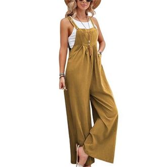 Generic Combinaison d&eacute;contract&eacute;e en lin sans manches avec bretelles r&eacute;glables et poches pour femme, jaune, XXL