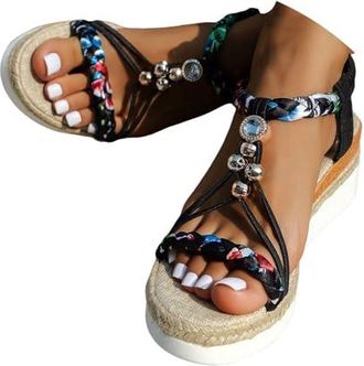 Generic Sandales compens&eacute;es &agrave; large largeur pour femme, sandales d&eacute;t&eacute; habill&eacute;es &agrave; bout ouvert et perles pour femme, chaussures de marche vintage antid&eacute;rapante