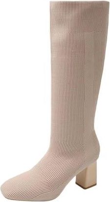 Generic Bottes mi-mollet en tricot extensible pour femme - &Eacute;l&eacute;gantes - Couleur unie - Respirantes - Talon &eacute;pais - Confortables - Chaudes - &Agrave; enfiler, kaki, 37