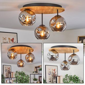 HOFSTEIN Deckenleuchte Ripoll, 3-flammige Deckenlampe aus Metall/Holz/Glas in Schwarz/Natur/Rauchfarben, moderne Leuchte Retro/Vintage-Design, Schirme Ø 15 cm,