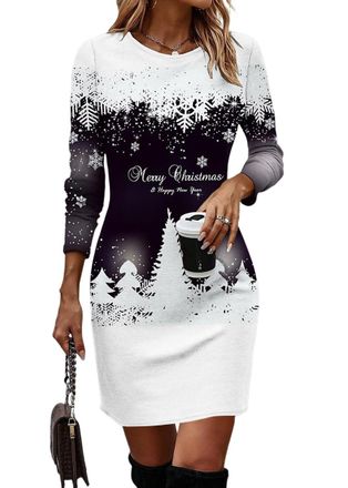 Onsoyours Weihnachtskleid Damen Weihnachtsdruck Pulloverkleid Langarm Rundhals Weihnachten Minikleid Schneeflocken Muster Partykleid Elegant Wickelkleid Slim Fi