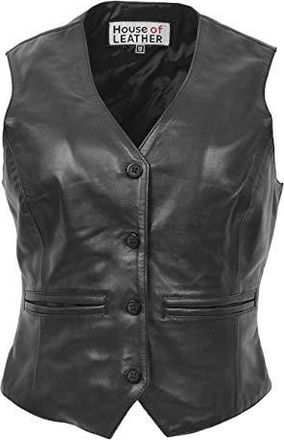 House Of Leather Rita Gilet en cuir véritable pour femme Fermeture à boutons Style traditionnel - Noir - 36