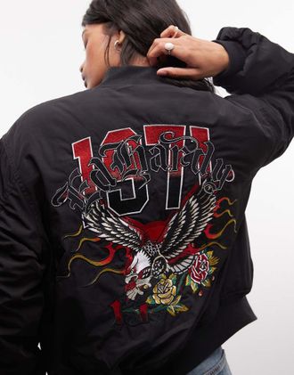 Ed Hardy bomber &agrave; manches fronc&eacute;es avec aigle flamboyant gothique noir