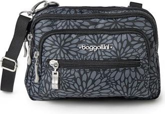 Baggallini Sac à bandoulière à triple fermeture éclair, noir (Étain floral.), Taille unique, Noir, Taille unique