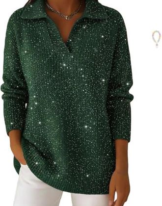 Generic Pull &agrave; col polo brillant pour femme - Col en V - Pour f&ecirc;te de No&euml;l, Vert, 3XL