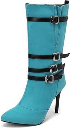 Generic Bottes tendance &agrave; enfiler pour femme - Bout pointu - Talon haut - Mi-mollet - Chaussures dhiver d&eacute;contract&eacute;es, bleu, 37.5 EU