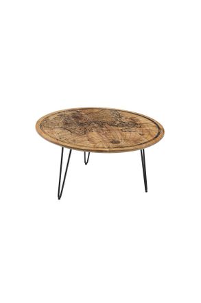 MID.YOU Mid.you Couchtisch, Braun, Schwarz, Holz, Metall, Mangoholz, massiv, Weltkarte, rund, Rundrohr, 90x46x90 cm, Wohnzimmer, Wohnzimmertische