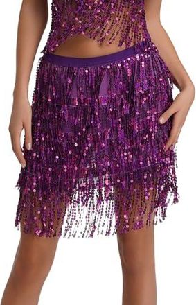 Generic Mini jupe à franges violet pailleté, mini jupe à paillettes, jupe portefeuille décontractée extensible à la taille, jupe de danse de couleur unie, jup