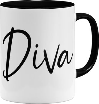 OM3 Kaffee-Tasse mit Spruch - Diva - Typography - Statement - Keramik Becher - 325ml - Beidseitig Bedruckt - Schwarz