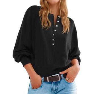 Generic Pull à col rond et boutons pour femme, chemises Henley à manches longues tendance en tricot ample, pull à manches lanternes, Noir, XXL