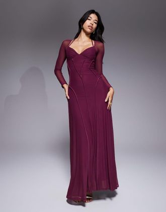 Asos Lang&auml;rmliges Netzstoff-Maxikleid in kr&auml;ftigem Pflaumenlila mit sichtbarer Ziernaht