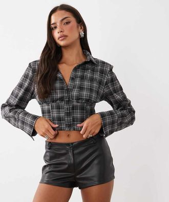 KAIIA exclusivit&eacute; chemise courte cintr&eacute;e &agrave; d&eacute;tail corset &agrave; carreaux charbon-Bleu