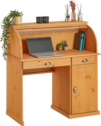 IDIMEX Sekretär Tom aus massiver Kiefer gebeizt, schöner Bürotisch mit 2 Schubladen und 1 Tür, praktischer Arbeitstisch mit Rollladen