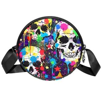 Generic Petit sac &agrave; bandouli&egrave;re circulaire pour femme, motif cr&acirc;nes, petit sac &agrave; dos &agrave; bandouli&egrave;re avec fermeture &eacute;clair, bretelles r&eacute;glables, sac &agrave; main rond