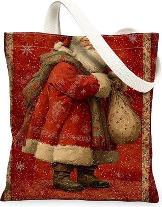Generic Sacs fourre-tout vintage en toile motif P&egrave;re No&euml;l, sacs de courses r&eacute;utilisables, l&eacute;gers et lavables en toile pour Chri, Rouge, 13x15 Inch
