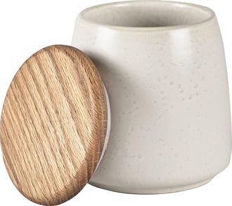 Bitz Vorratsbehälter, Praktische Aufbewahrungsdose aus Steinzeug mit Holzdeckel, Höhe 12 cm, Matt Creme