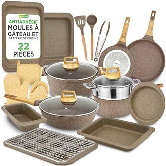 Nutrichef NutriChef Batterie de Cuisine 22 Pièces Marbre Marron - Casseroles, Poêles Antiadhésives et Ustensiles Résistants à la Chaleur - Collection Pro
