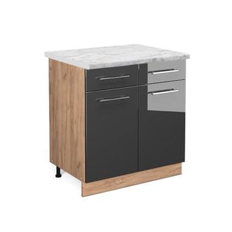 Vicco Meuble Cuisine Fame-Line, Anthracite Haute Brillance/Chêne de Force doré, 80 cm, PT Marbre