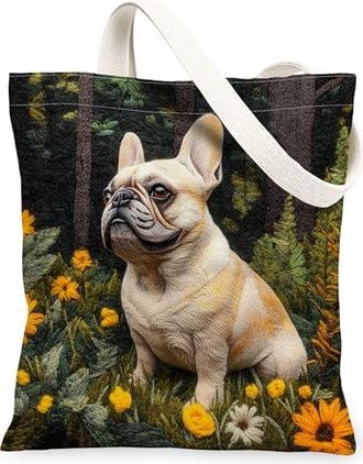 Generic Sac fourre-tout en toile motif bouledogue fran&ccedil;ais printanier 33 x 38,1 cm, style tricot&eacute;, sac d&eacute;picerie r&eacute;utilisable pour femme, peinture esth&eacute;tique 