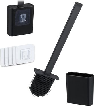 Relaxdays Toilettenbürste Wandmontage, zum Kleben, HxBxT: 35,5 x 9,5 x 4 cm, WC-Bürste mit Halter, Kunststoff, schwarz