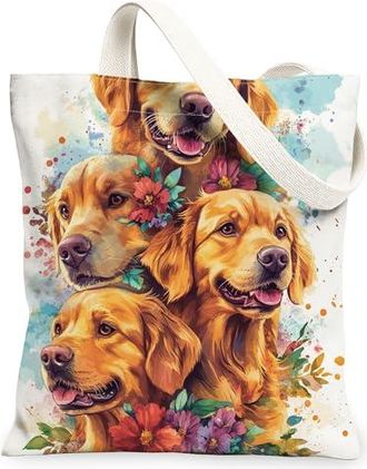 Generic Sac fourre-tout en toile motif chien Golden Retriever pour faire du shopping 33 x 38,1 cm, sac &agrave; bandouli&egrave;re r&eacute;utilisable avec motif floral pour femme
