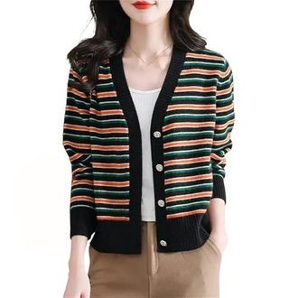 Generic Cardigan en tricot &agrave; manches longues pour femme Motif patchwork ray&eacute; Col en V Style vintage, Noir/blanc, XXL