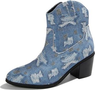 Generic Bottines western cowgirl à talon épais pour femme - Bout pointu - Doublure en fourrure - À enfiler, bleu, 39.5 EU