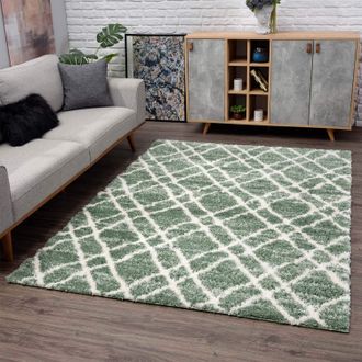 Carpet City Teppich-Läufer Shaggy Hochflor - Modern Skandi-Stil 80x300 cm Grün Creme - Teppiche Wohnzimmer