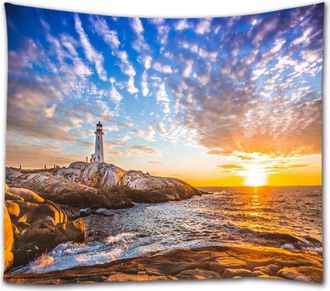 A.Monamour Wandteppiche Ozean K&uuml;ste Strand Sonnenuntergang Leuchtturm Bew&ouml;lkter Himmel Ansicht Landschaft Natur Landschaft Bild Druck Stoff Wandteppich Wandbeh&auml;n