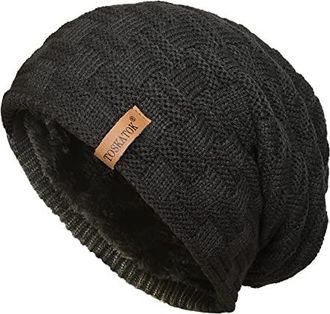 TOSKATOK Bonnet Unisexe Chaud pour Homme en Tricot textur&eacute; &agrave; Isolation Thermique avec Doublure en Polaire en Fausse Fourrure Confortable-Taille Unique-Noir