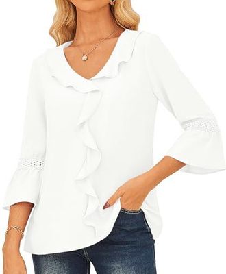 Grace Karin Femme V-Col Chiffon Ruches Blouse Élégante Été Dentelle Manche Trois Quarts Tops Soirée Blanc L