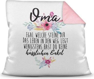 Tassendruck Kissen mit Spruch Oma - Wenigstens hast du keine h&auml;sslichen Enkelkinder - Geschenk-Idee/Witzig/Enkeltochter/Enkelsohn/Familie/40x40 - R&uuml;ckseite Altros