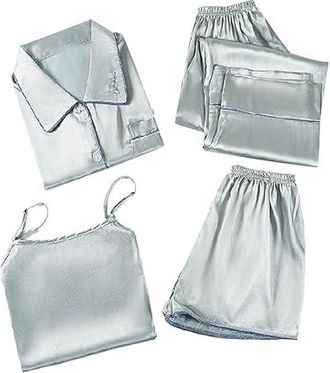 Generic Ensemble de pyjama 4 pi&egrave;ces en satin de soie pour femme - Ensemble de pyjama 4 pi&egrave;ces - Pyjama &agrave; manches courtes - V&ecirc;tements de nuit &agrave; manches courtes