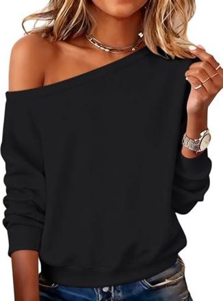 Minetom Pull Femme &Eacute;paule D&eacute;collet&eacute; Manche Longue Sweatshirts sans Capuche Couleur Unie Haut Chic Et Elegant A Noir XXL