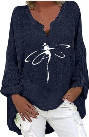 Generic Chemise à manches longues en gaze de lin pour femme, mignonne et tendance, manches 3/4, coupe ample, vêtements transparents, col en V, printemps haut,