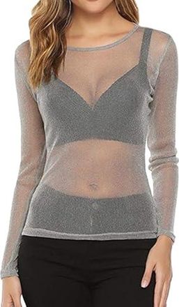 Generic Haut à manches longues transparent pour femme en maille, gris, M