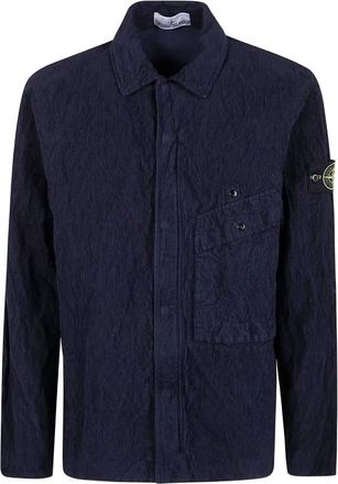 Stone Island Homme, Chemises, Bleu, Taille: M Chemise en Velours Côtelé Bleu avec Poche à Fermeture Éclair