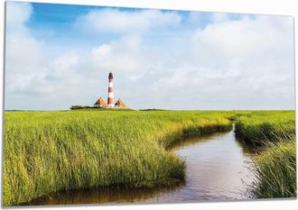 Wallario Herdabdeckplatte/Spritzschutz aus Glas, 1-teilig, 90x52cm, f&uuml;r Ceran- und Induktionsherde, Kleiner Bach durch Schilf auf dem Weg zum Leuchtturm