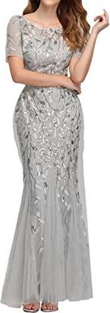 Generic Robe de soir&eacute;e moulante pour femme, robe de No&euml;l &agrave; manches courtes pour femme, robe longue &eacute;l&eacute;gante, moulante, coupe ajust&eacute;e, robe caraco mi-longue po