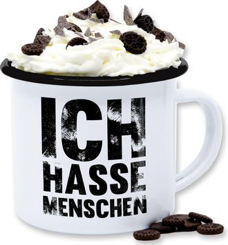 Shirtracer Emaille Tasse Blechtasse - Statement - Ich hasse Menschen - Mag keine - 300 ml - Weiß Schwarz - statements sarkasmus frohes neues jahr new year mit