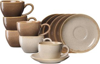 Ritzenhoff & Breker Sahara Espressotassen mit Untertassen 6er Set | 100 ml | Rustikaler Handmade-Look durch Reaktivglasur, Sanfte Sandt&ouml;ne | Porzellan, Sp&uuml;lmaschinenfest 