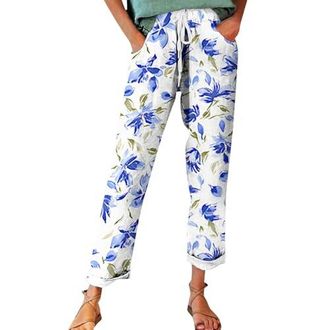 Generic Pantalon Femme Large L&eacute;ger Blanc en Lin pour Womens Autumn Fragrant Linen Print Casual Pants Perfect for Spring Comfortable and Trendy for Relaxed Ens