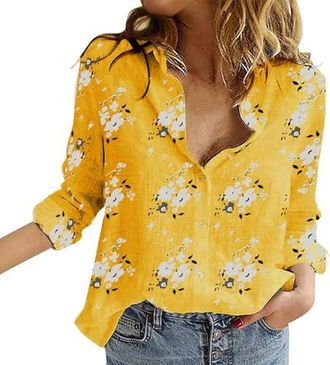 Generic Chemisier Femmes Coton Lin Grande Taille De Loisirs Chemisiers Et Blouses D&eacute;t&eacute; Manches Longues Col en V Profond L&acirc;ches Haut L&eacute;g&egrave;re Comfy Tunic Mode Co