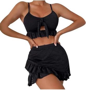 Generic Maillot de bain 3 pièces à volants pour femme avec jupe tankini, Noir, L
