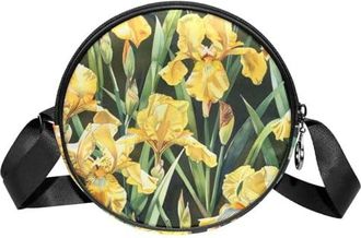 Generic Petit sac &agrave; bandouli&egrave;re rond pour femme, motif floral iris et fleur diris avec fermeture &eacute;clair, bretelles r&eacute;glables, sac &agrave; main rond d&eacute;contract&eacute; pour