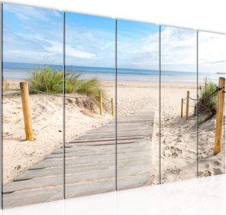 Runa Art Wandbild XXL Strand Meer Schlafzimmer Wohnzimmer 200 x 80 cm Beige Blau 5 Teilig - Made in Germany - 607355b